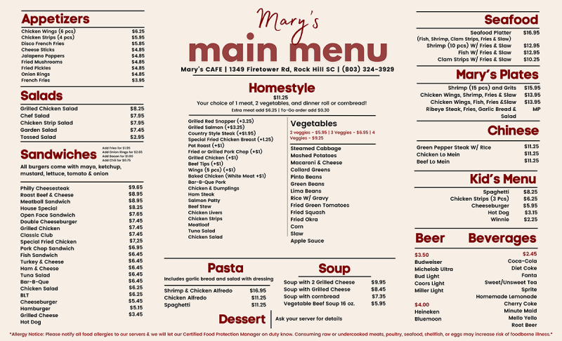 Menu – Mary’s Cafe